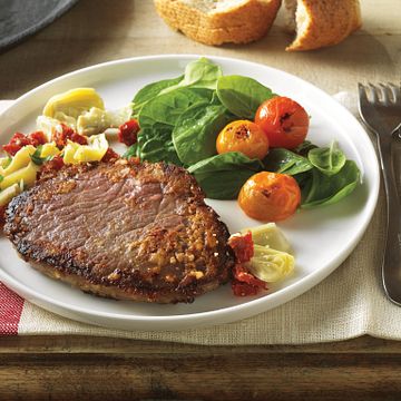 Parmesan-Crusted Beef Steaks with Mediterranean Relish