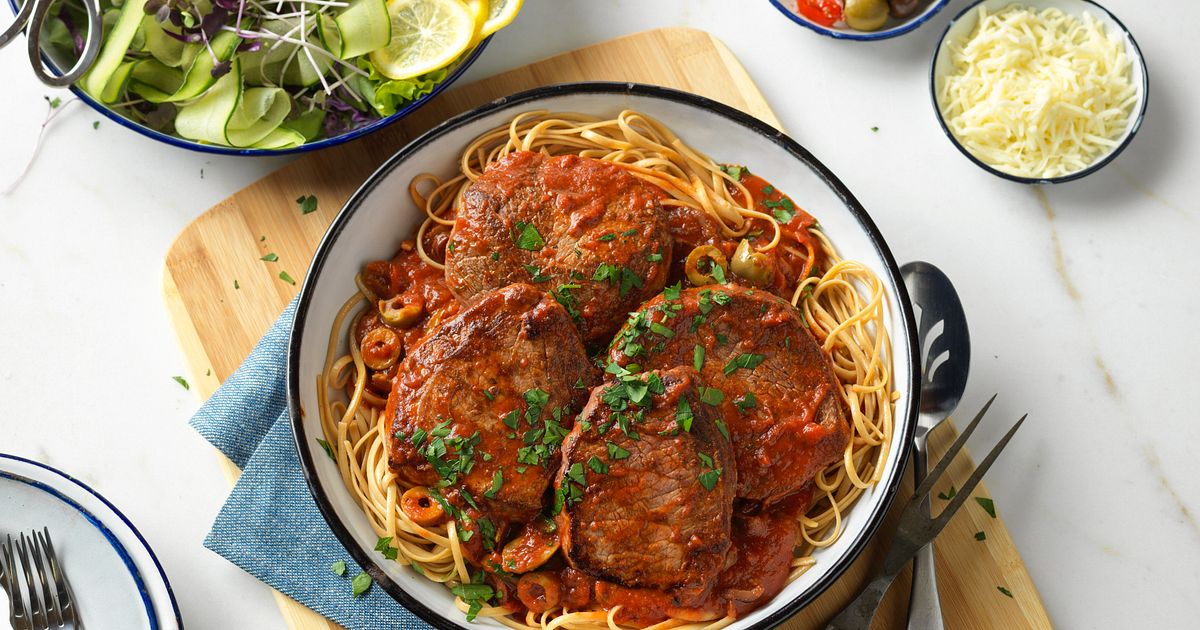 Mediterranean Steak & Pasta with Tomato-Olive Sauce | Beef Loving ...