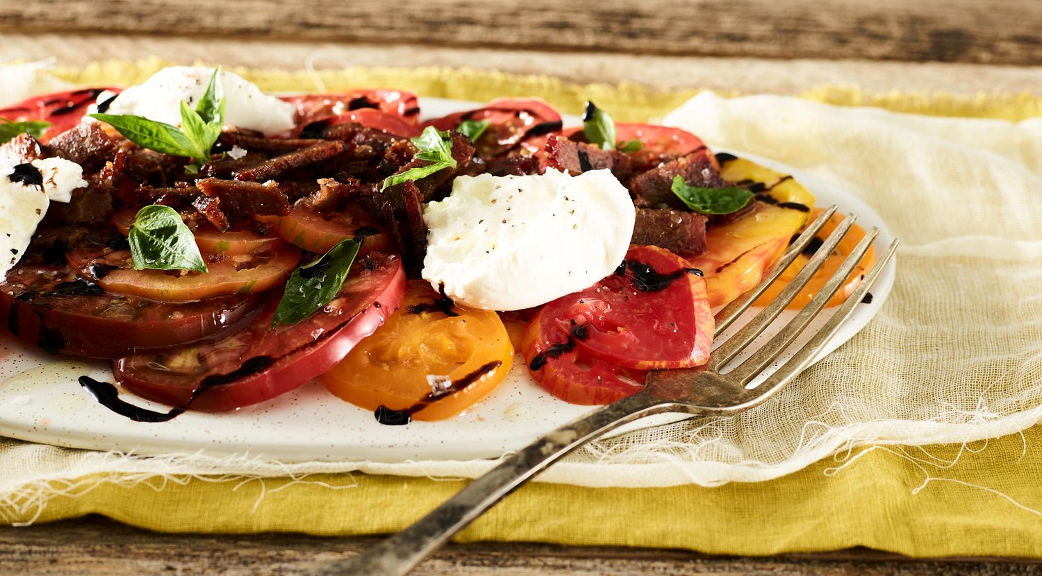 Crispy Beef Brisket and Heirloom Tomatoes with Burrata and Basil Oil ...
