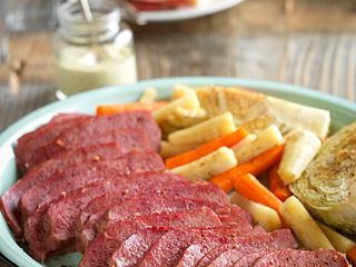Corned Beef Brisket with Roasted Vegetables and Lemon-Mustard Sauce