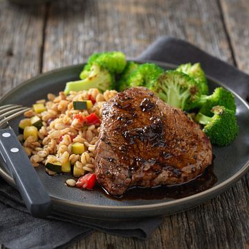 Sweet & Spicy Petite Sirloin Steaks with Vegetable Barley Risotto