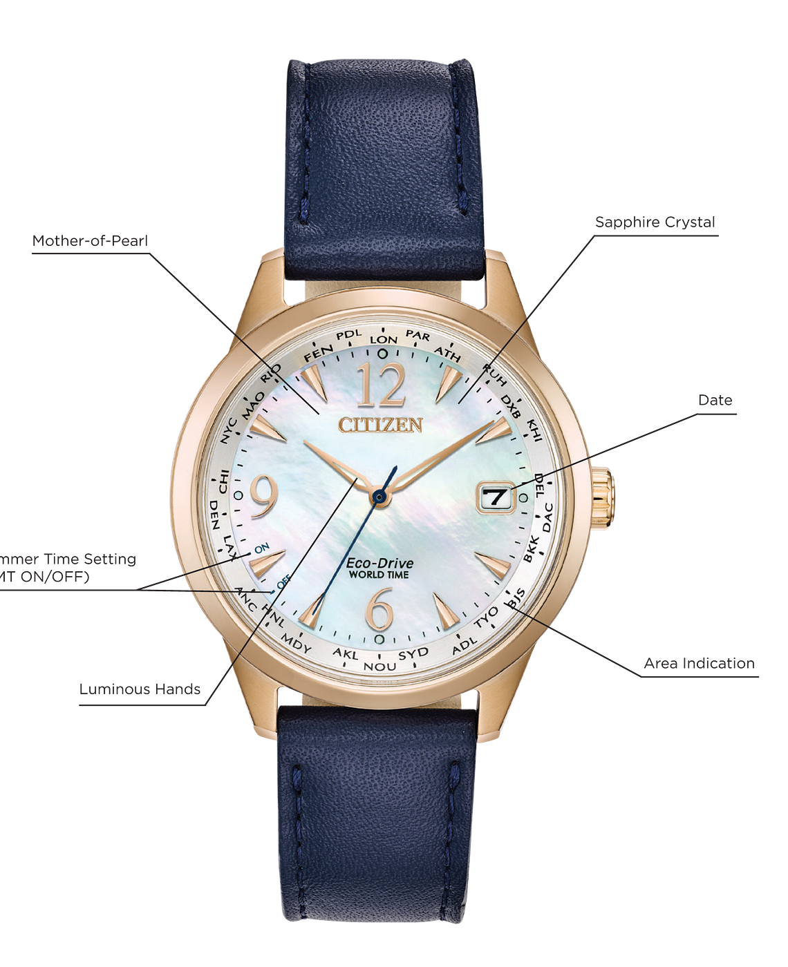 Citizen World Time Ladies Eco-Drive Rose Gold White Dial Watch | Citizen