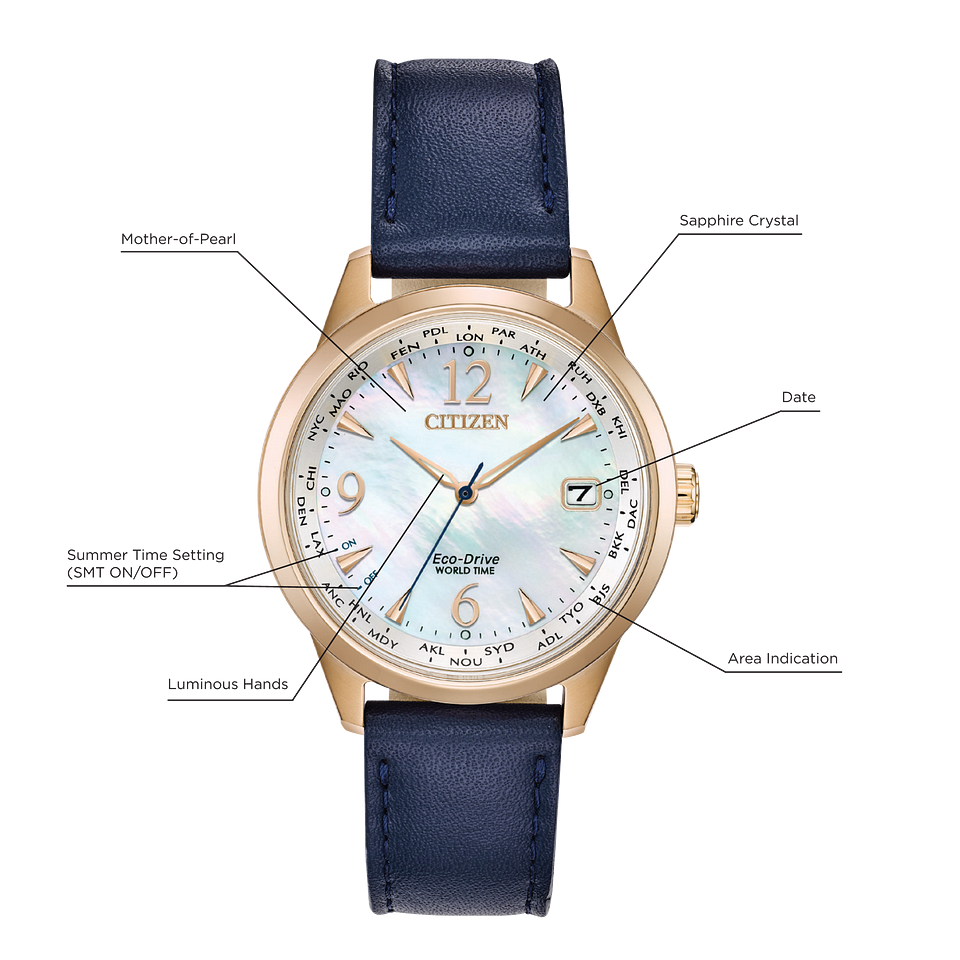 Citizen World Time Ladies Eco-Drive Rose Gold White Dial Watch | Citizen