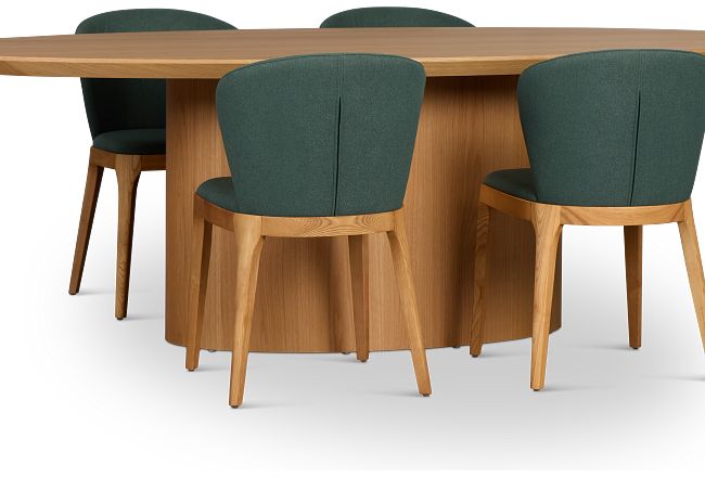 Nomad Light Tone 94" Oval Table & 4 Dark Green Chairs W/ Light Tone Leg