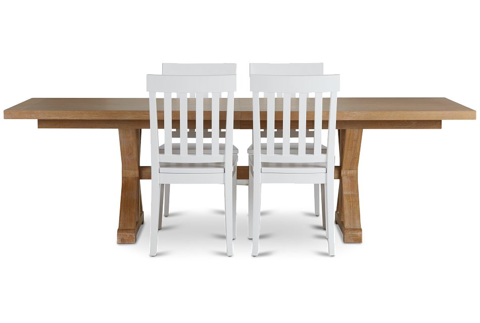 Nantucket Light Tone Trestle Table & 4 White Wood Chairs