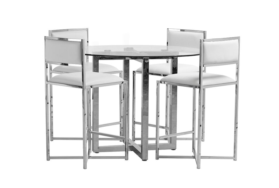 Amalfi White Glass High Table & 4 Metal Barstools