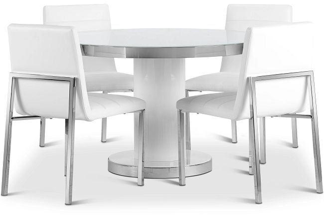 Miami9 White 47" Round Table & 4 Upholstered Chairs