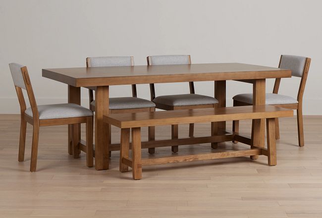 Vail Light Tone Trestle Table, 4 Chairs & Bench