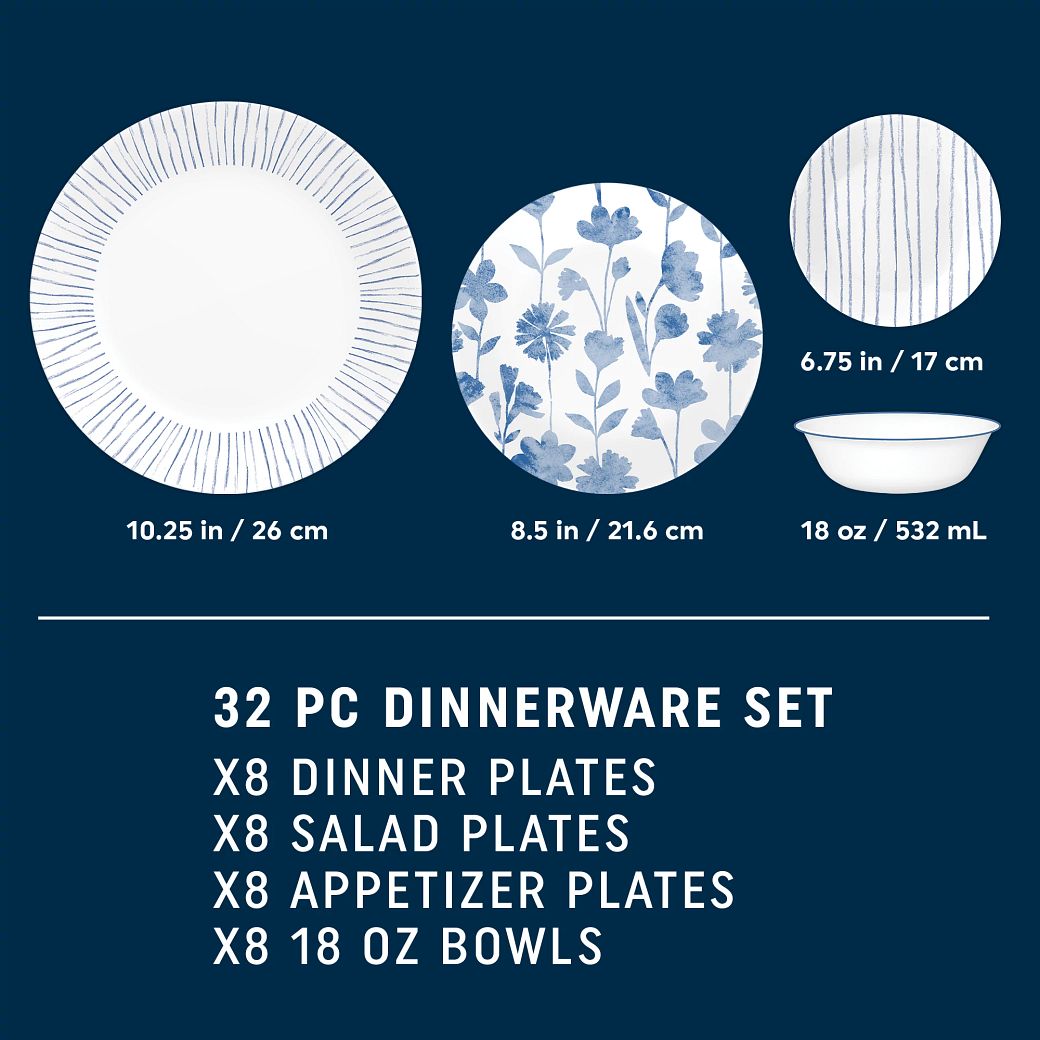 Botanical Stripes 32-piece Dinnerware Set, Service for 8 | Corelle